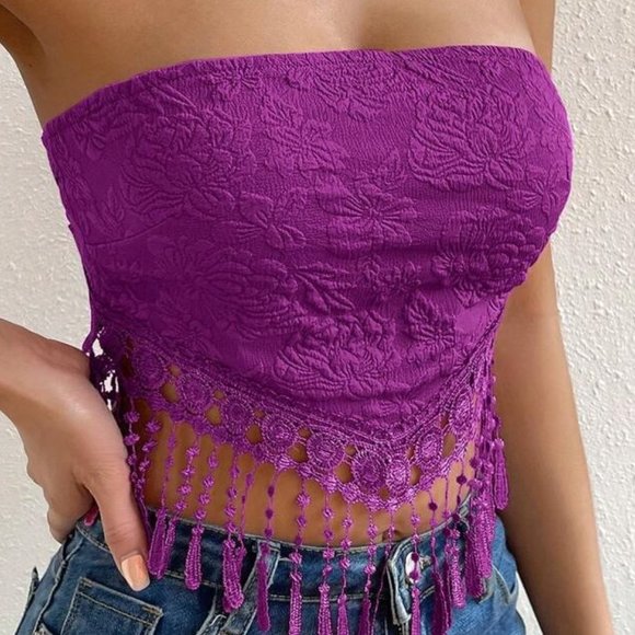 Tops | Purple Jacquard Print Lace Fringe Hem Handkerchief Tie Back Tube ...